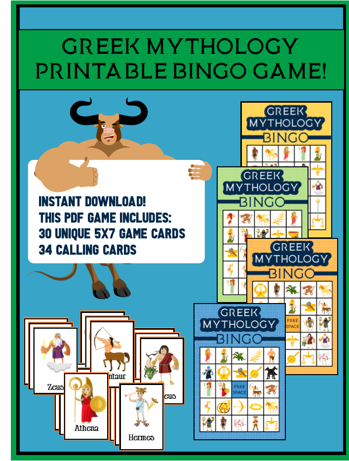 Printable Greek Mythology Bingo Game – Queen of Theme Party Games